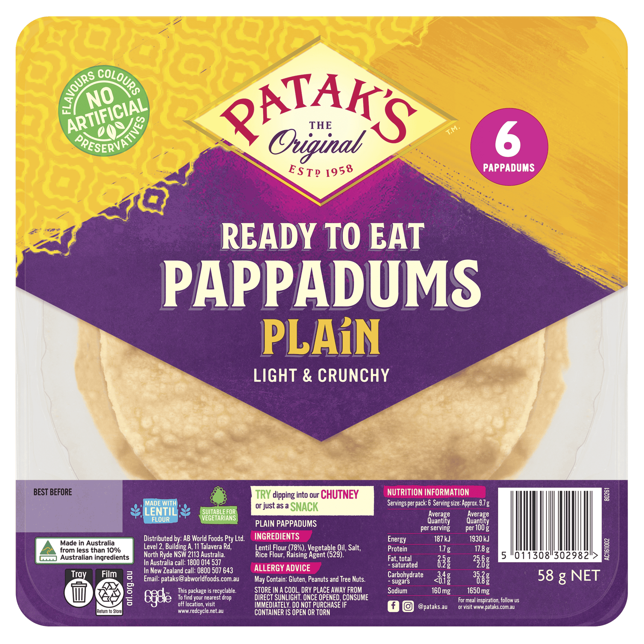 Patak’s Ready to Eat Pappadums Plain 58g - Patak's Indian Curry ...